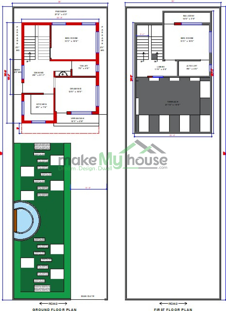Buy 28x86 House Plan | 28 by 86 Front Elevation Design | 2408Sqrft Home ...