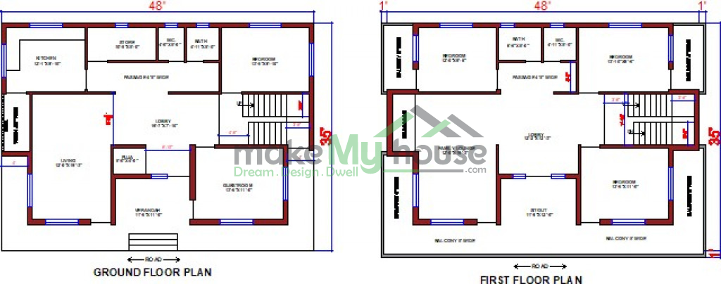 Buy 48x35 House Plan | 48 by 35 Front Elevation Design | 1680Sqrft Home ...