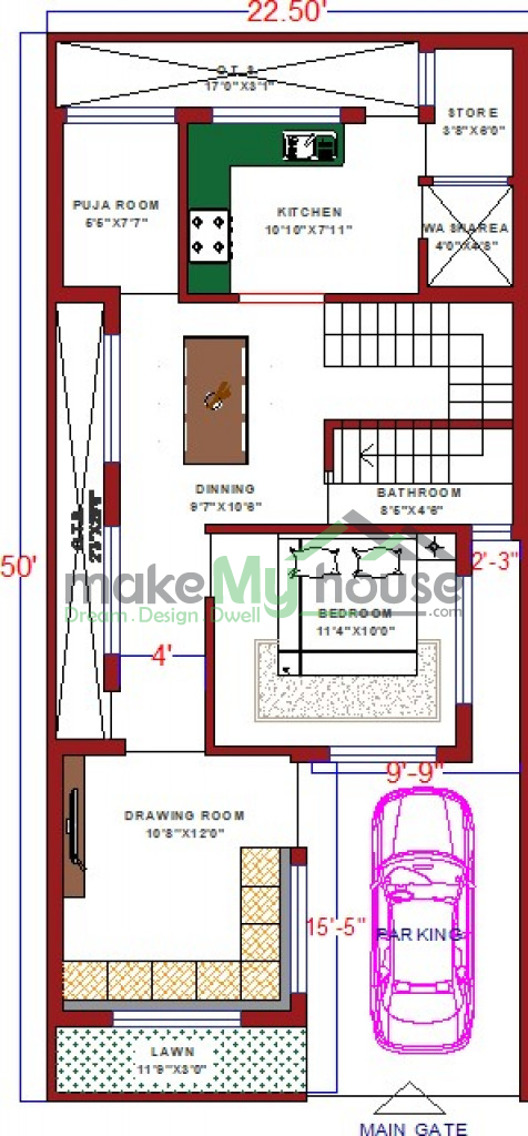 Buy 22x50 House Plan | 22 by 50 Elevation Design | Plot Area Naksha