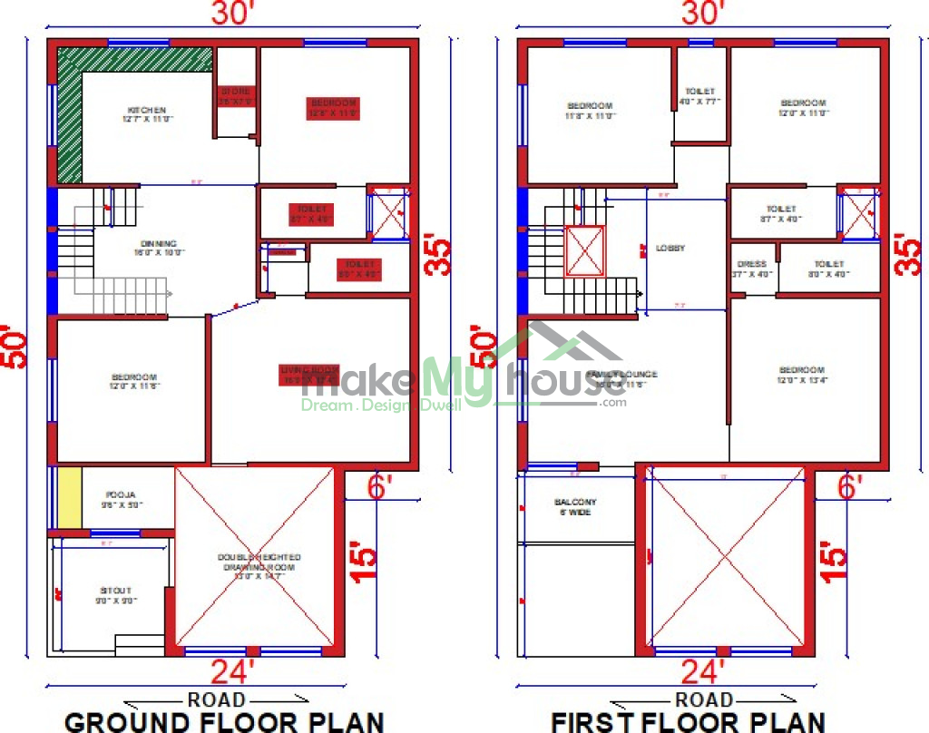 Buy 30x50 House Plan | 30 by 50 Elevation Design | Plot Area Naksha