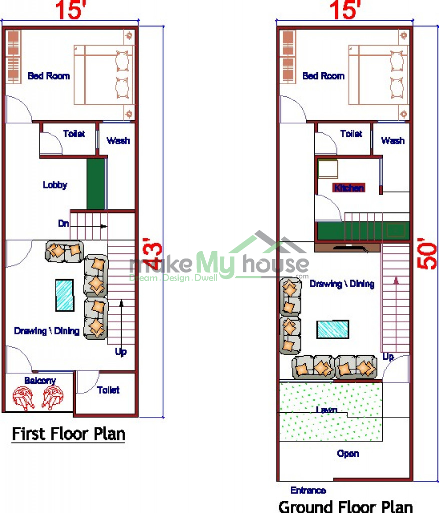 Buy 15x50 House Plan | 15 by 50 Front Elevation Design | 750Sqrft Home ...