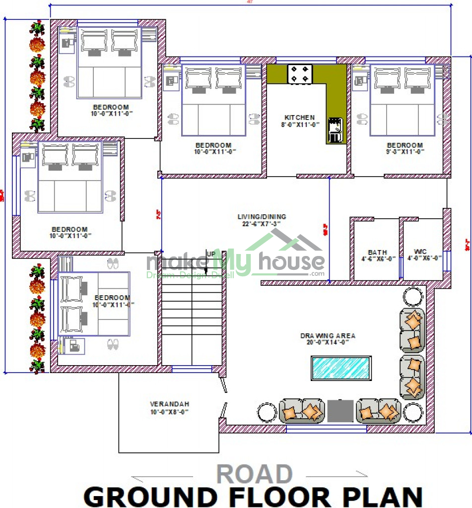 Buy 40x35 House Plan | 40 by 35 Elevation Design | Plot Area Naksha