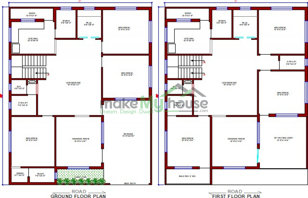 Buy 40x50 House Plan | 40 by 50 Elevation Design | Plot Area Naksha