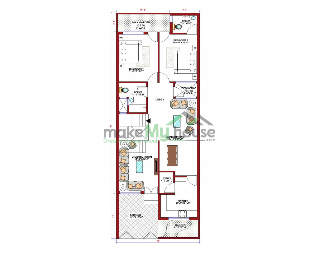 Buy 24x65 House Plan | 24 by 65 Elevation Design | Plot Area Naksha
