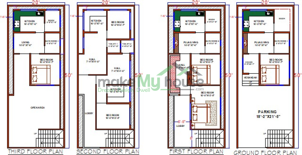Buy 20x50 House Plan | 20 by 50 Elevation Design | Plot Area Naksha