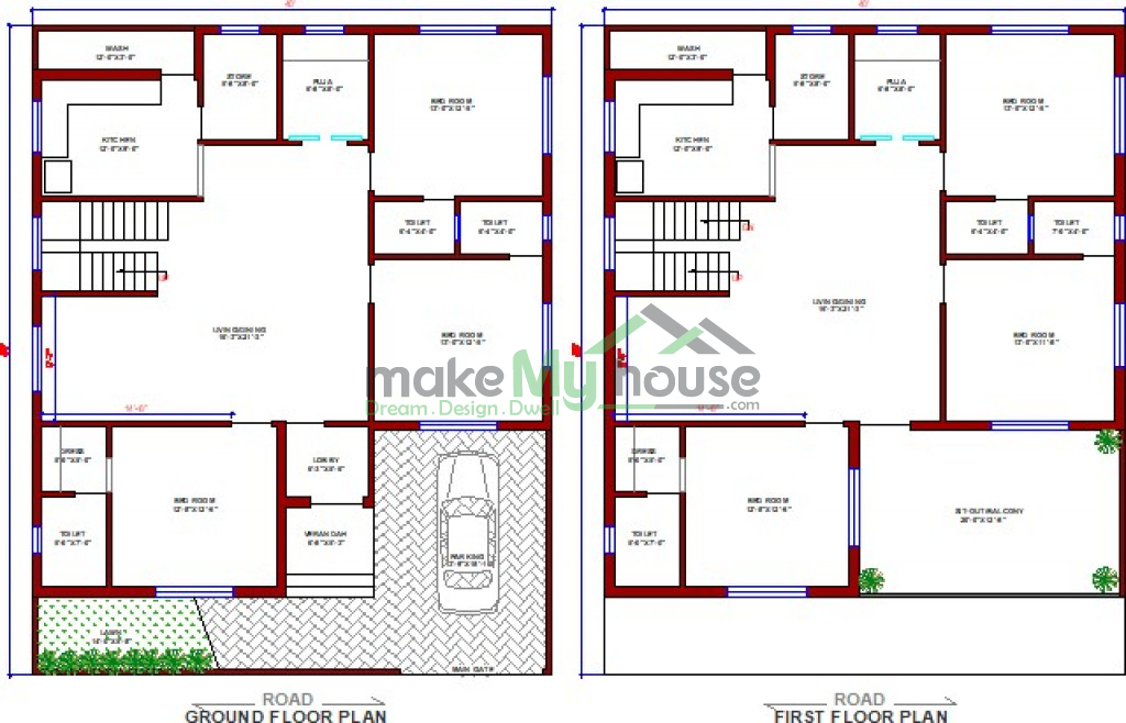 Buy 40x50 House Plan | 40 by 50 Elevation Design | Plot Area Naksha