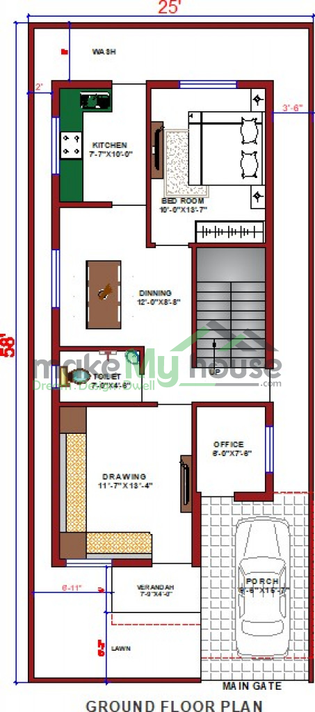 Buy 25x58 House Plan | 25 by 58 Elevation Design | Plot Area Naksha