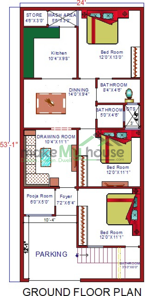 Buy 25x53 House Plan | 25 by 53 Elevation Design | Plot Area Naksha