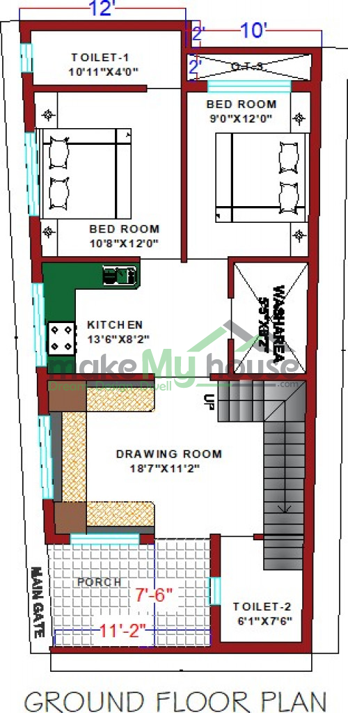 Buy 22x46 House Plan | 22 by 46 Elevation Design | Plot Area Naksha