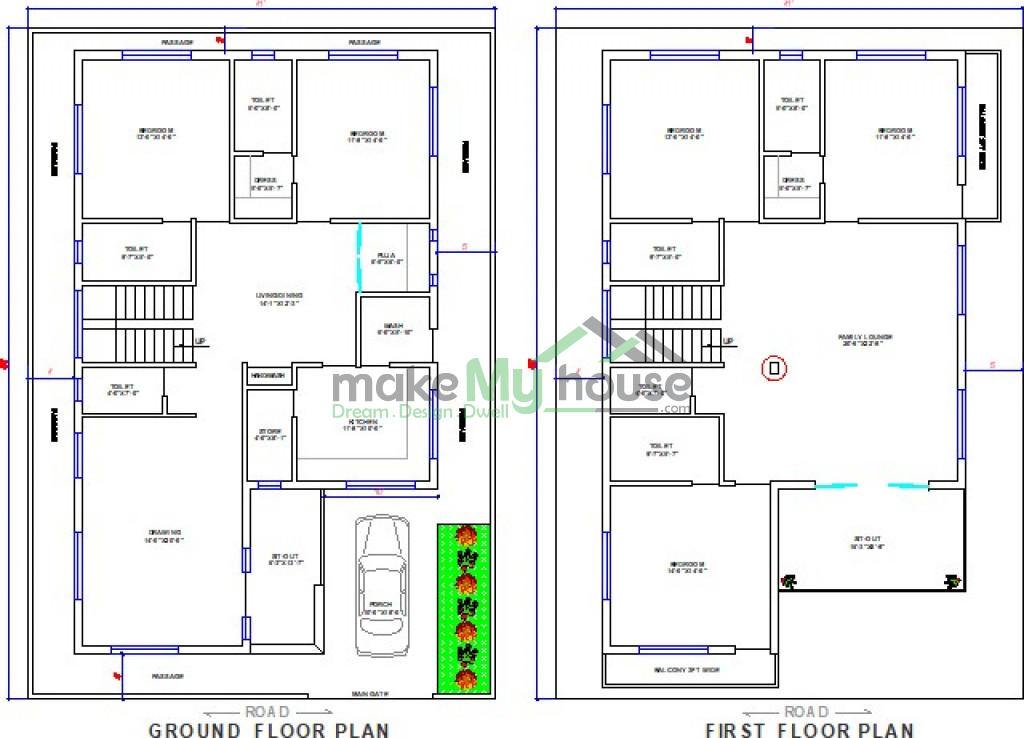 Buy 41x60 House Plan | 41 by 60 Elevation Design | Plot Area Naksha