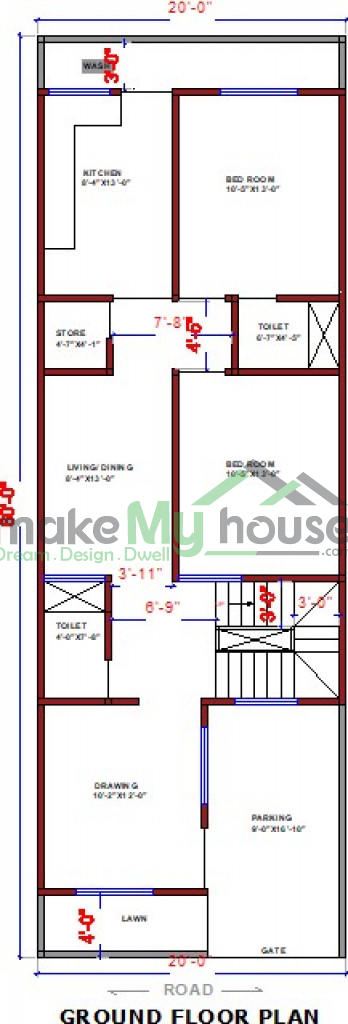 Buy 20x60 House Plan | 20 by 60 Elevation Design | Plot Area Naksha