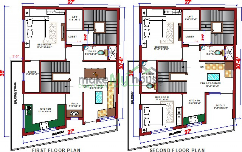 Buy 27x36 House Plan | 27 by 36 Elevation Design | Plot Area Naksha