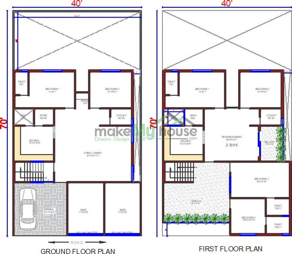 Buy 40x70 House Plan | 40 by 70 Elevation Design | Plot Area Naksha