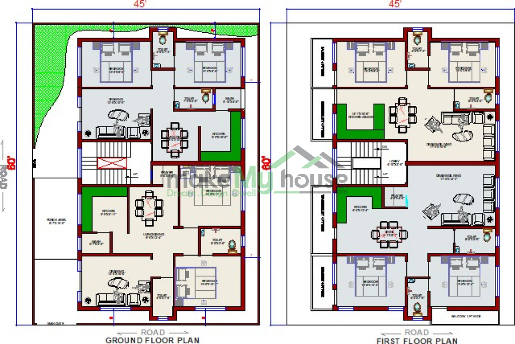 Buy 45x60 House Plan | 45 by 60 Elevation Design | Plot Area Naksha