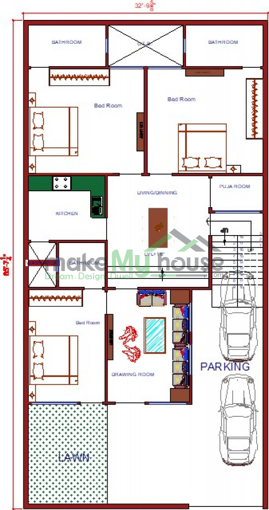 Buy 32x65 House Plan | 32 by 65 Elevation Design | Plot Area Naksha