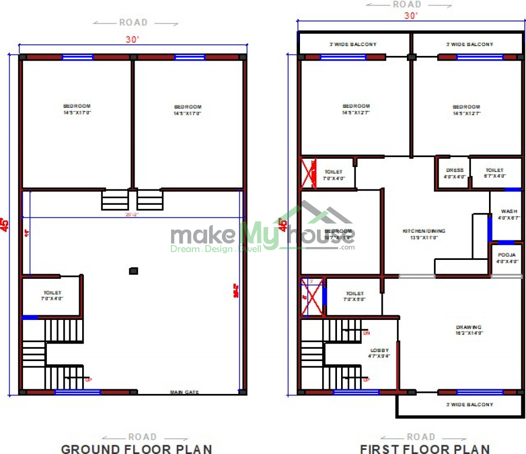 Buy 30x45 House Plan | 30 by 45 Elevation Design | Plot Area Naksha