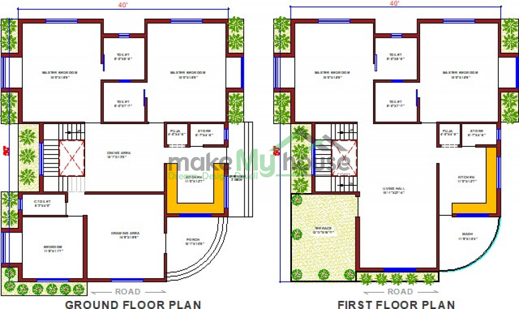 Buy 40x50 House Plan | 40 by 50 Elevation Design | Plot Area Naksha