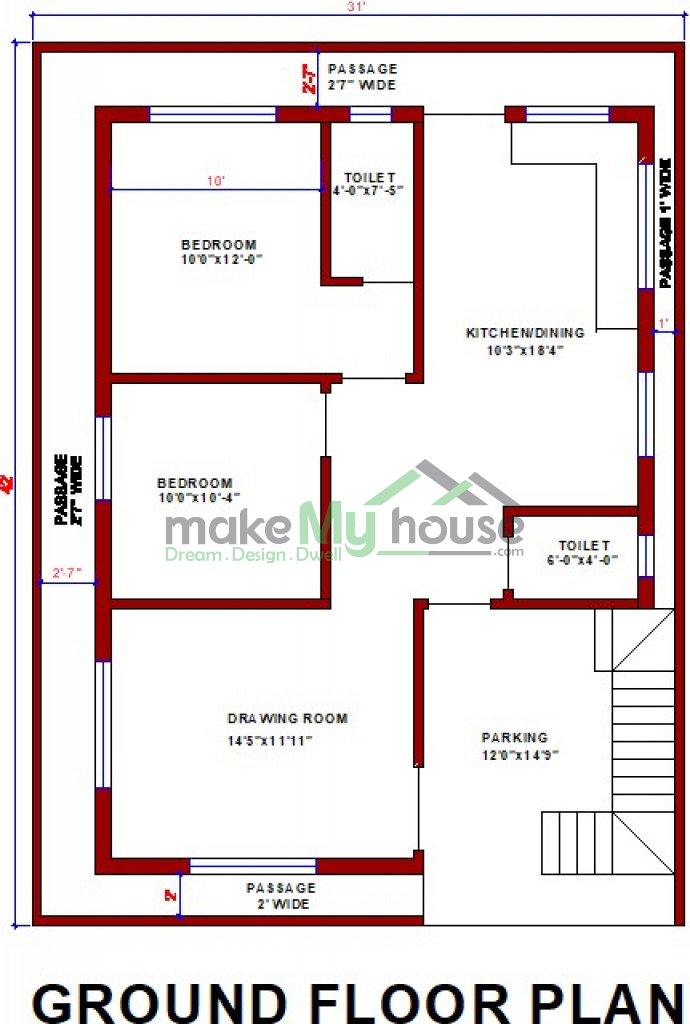 Buy 31x42 House Plan | 31 by 42 Elevation Design | Plot Area Naksha