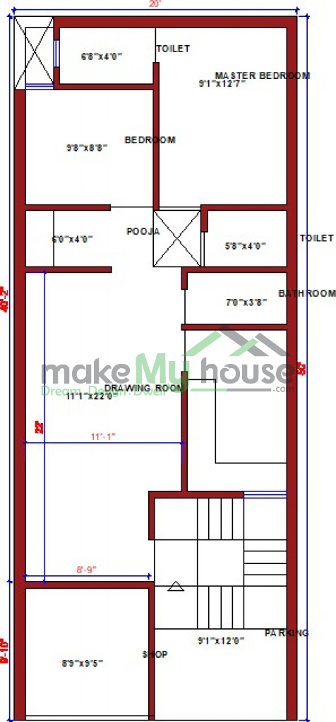 Buy 20x50 House Plan | 20 by 50 Elevation Design | Plot Area Naksha