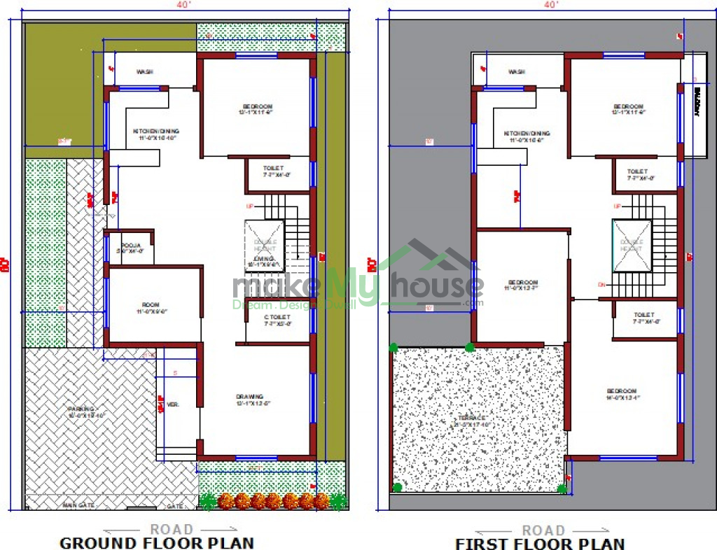 Buy 40x60 House Plan | 40 by 60 Elevation Design | Plot Area Naksha