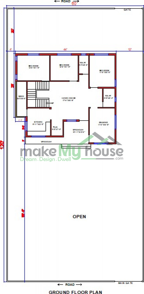 Buy 40x44 House Plan | 40 by 44 Elevation Design | Plot Area Naksha