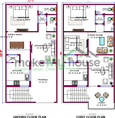 Buy 22x43 House Plan | 22 by 43 Elevation Design | Plot Area Naksha