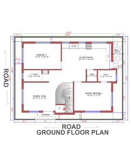 42*32 House plan, 1344 SqFt Floor Plan duplex Home Design- 3486