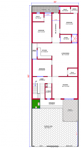 30*90 House plan, 2700 SqFt Floor Plan duplex Home Design- 3736