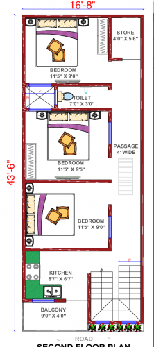 16*43 House plan, 688 SqFt Floor Plan triplex Home Design- 6797