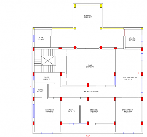 50*35 House plan, 1750 SqFt Floor Plan triplex Home Design- 4157