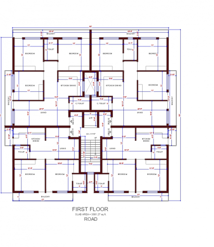 60*60 House plan, 3600 SqFt Floor Plan triplex Home Design- 10061