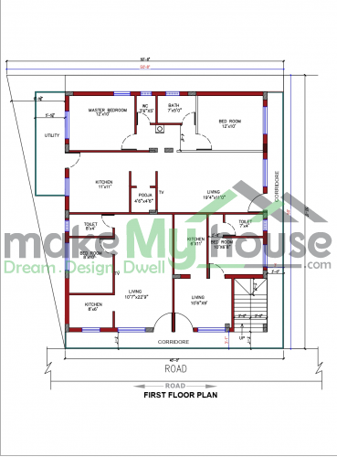 50*50 House plan, 2500 SqFt Floor Plan triplex Home Design- 10238