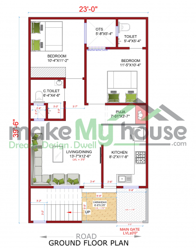 23*39 House plan, 897 SqFt Floor Plan singlex Home Design- 10571