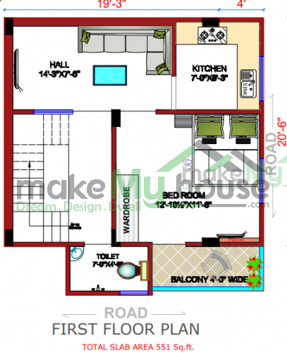 21*23 House plan, 483 SqFt Floor Plan triplex Home Design- 11220