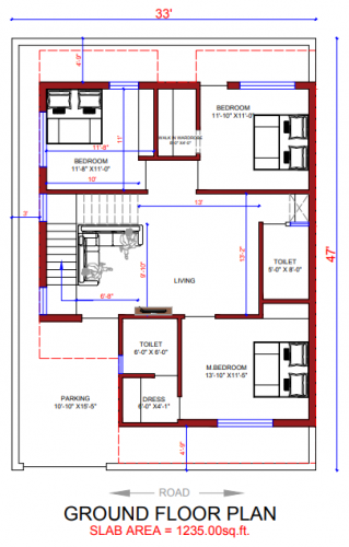 33*47 House plan, 1551 SqFt Floor Plan duplex Home Design- 11226