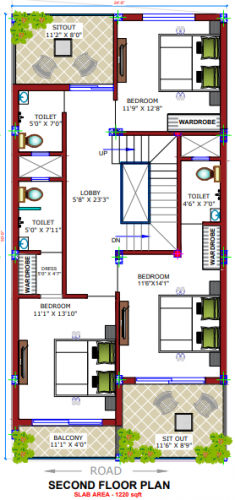 25*51 House plan, 1275 SqFt Floor Plan triplex Home Design- 11252