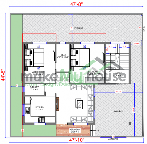 47*44 House plan, 2068 SqFt Floor Plan triplex Home Design- 11336