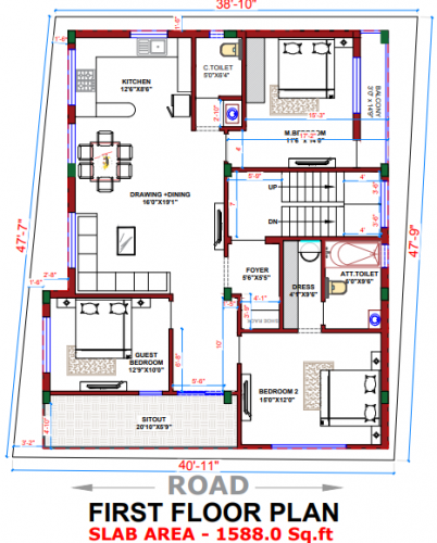 40*60 House plan, 2400 SqFt Floor Plan duplex Home Design- 11424