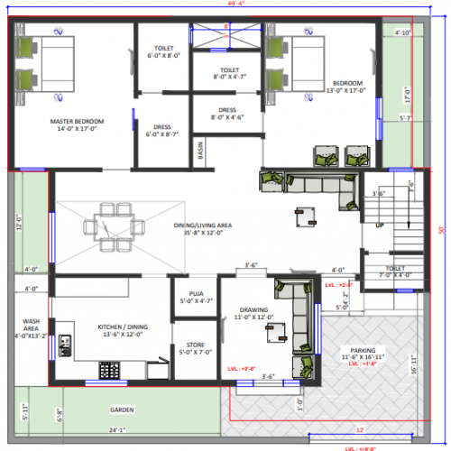 50*50 House plan, 2500 SqFt Floor Plan duplex Home Design- 11571