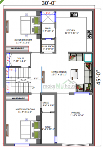 30*45 House plan, 1350 SqFt Floor Plan duplex Home Design- 11592