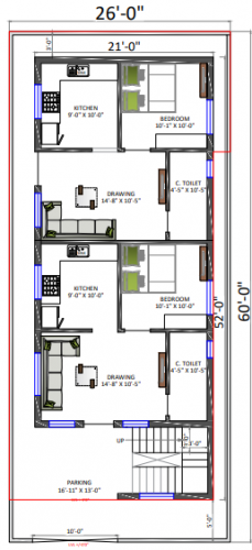 26*60 House plan, 1560 SqFt Floor Plan duplex Home Design- 11594