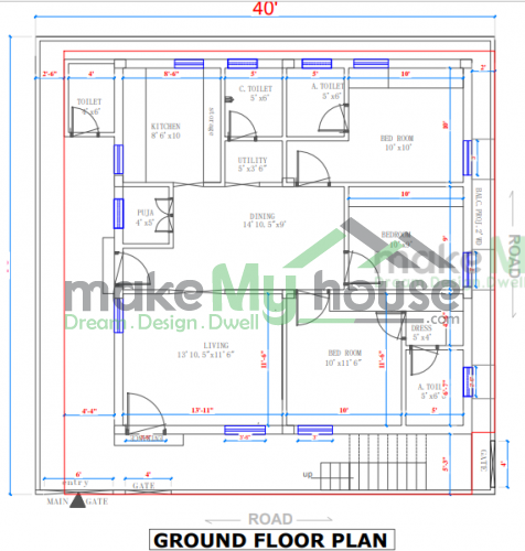40*33 House plan, 1320 SqFt Floor Plan triplex Home Design- 11615