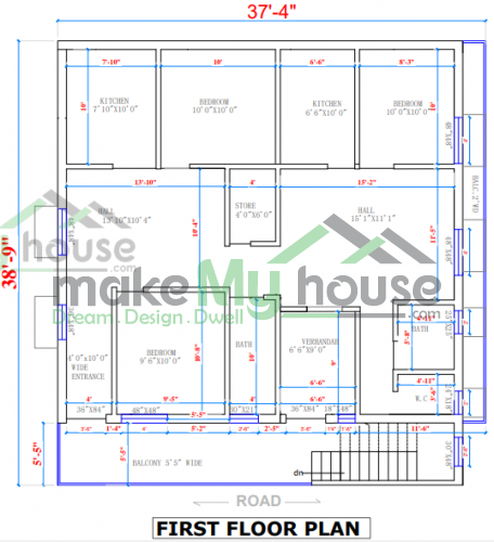 40*33 House plan, 1320 SqFt Floor Plan triplex Home Design- 11615