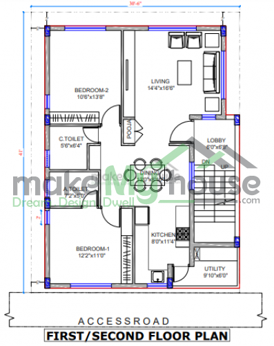 41*31 House plan, 1271 SqFt Floor Plan multistorey Home Design- 11791