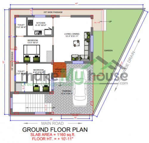 29*37 House plan, 1073 SqFt Floor Plan duplex Home Design- 11794