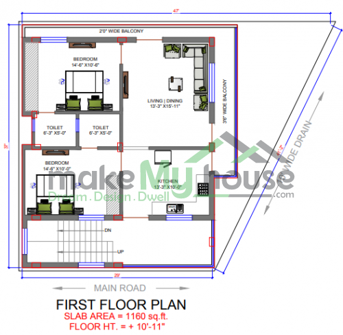 29*37 House plan, 1073 SqFt Floor Plan duplex Home Design- 11794