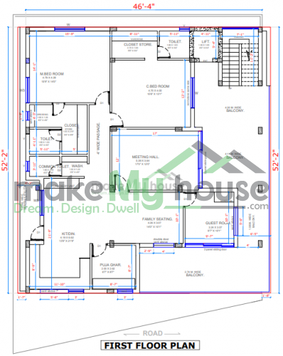 49*54 House plan, 2646 SqFt Floor Plan triplex Home Design- 11848