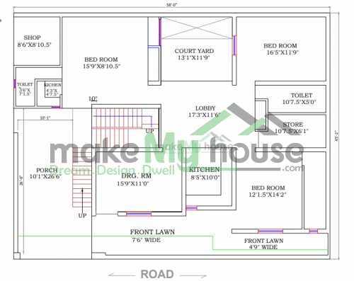 58*43 House plan, 2494 SqFt Floor Plan duplex Home Design- 12117