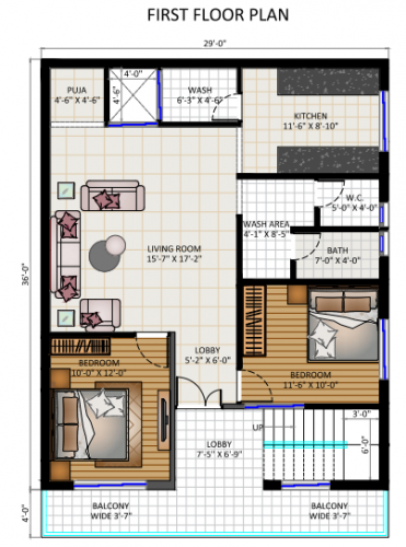 29*36 House plan, 1044 SqFt Floor Plan duplex Home Design- 12248