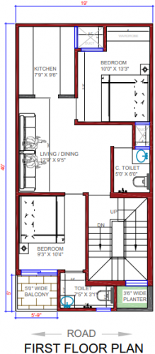 19*40 House plan, 760 SqFt Floor Plan duplex Home Design- 12353